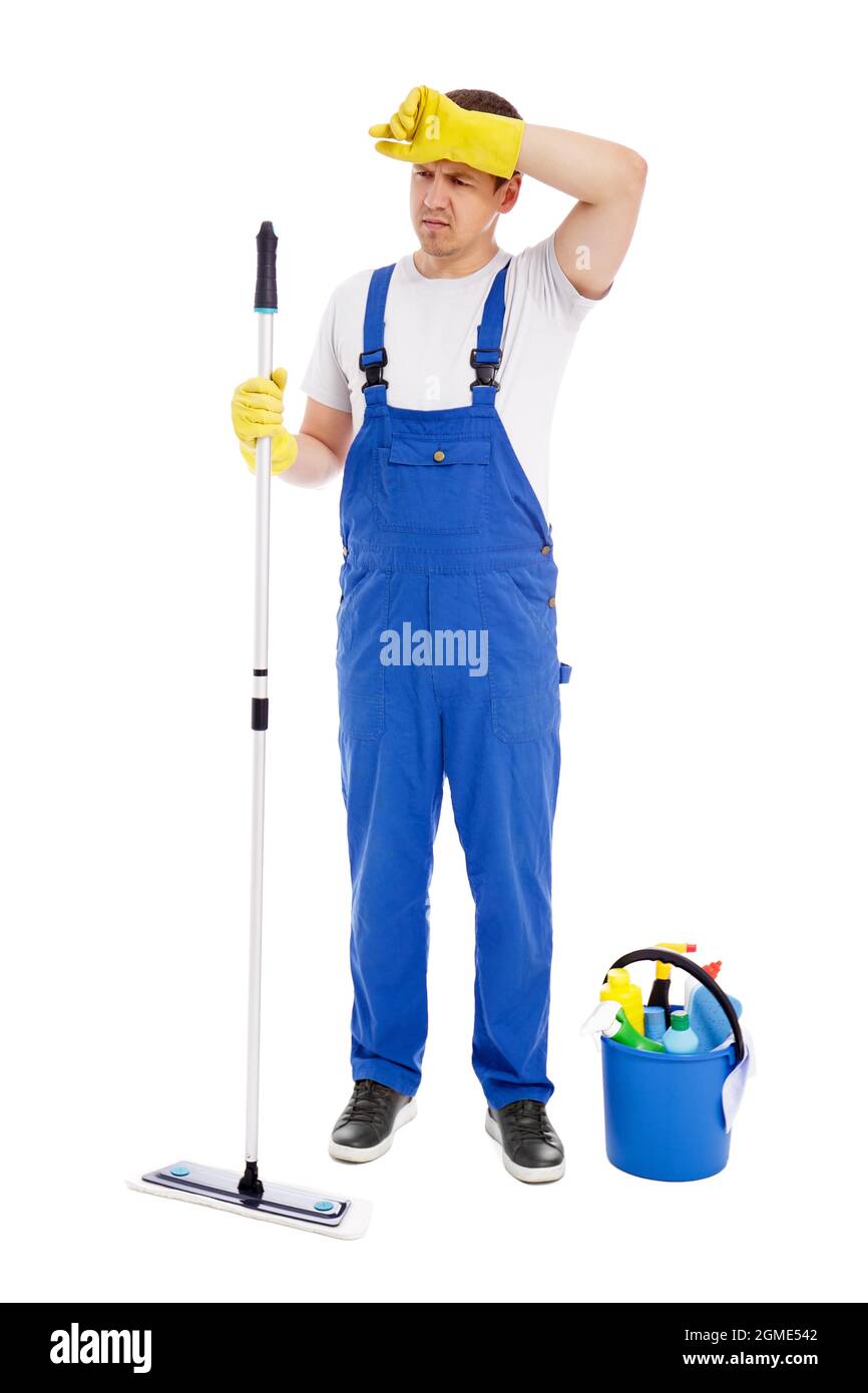 hard work concept - full length portrait of tired man cleaner in blue ...