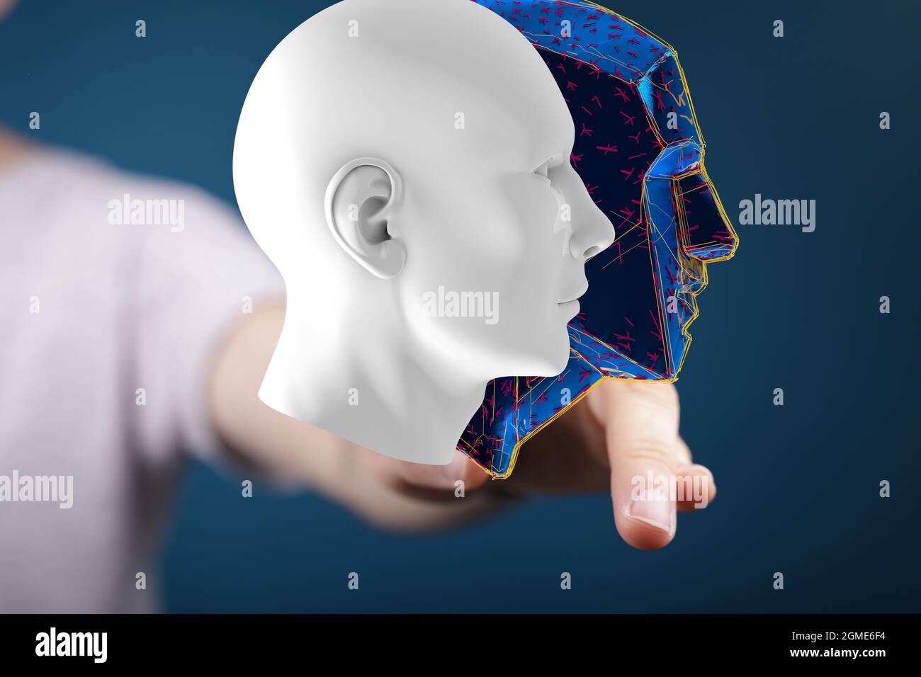 3D rendering of human heads with a finger tapping it from the ...