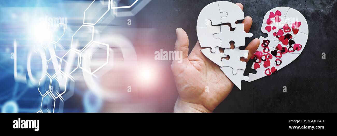 White heart-shaped puzzle. Heart affairs. Undivided love. Broken heart ...