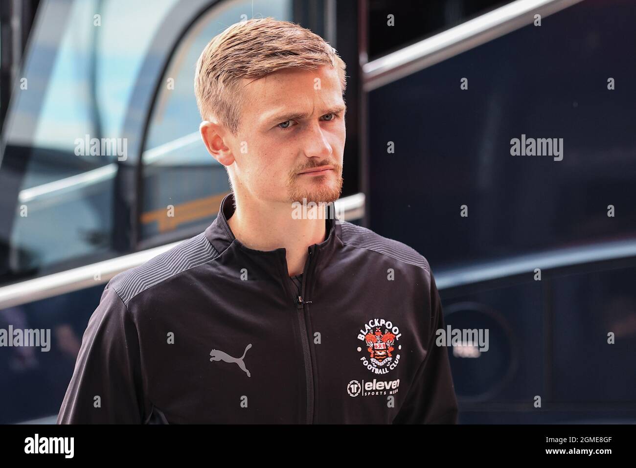 Callum Connolly #2 of Blackpool arrives at the Riverside Stadium Stock ...