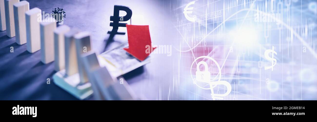 Business concept. The depreciation of the national currency of Russia ...