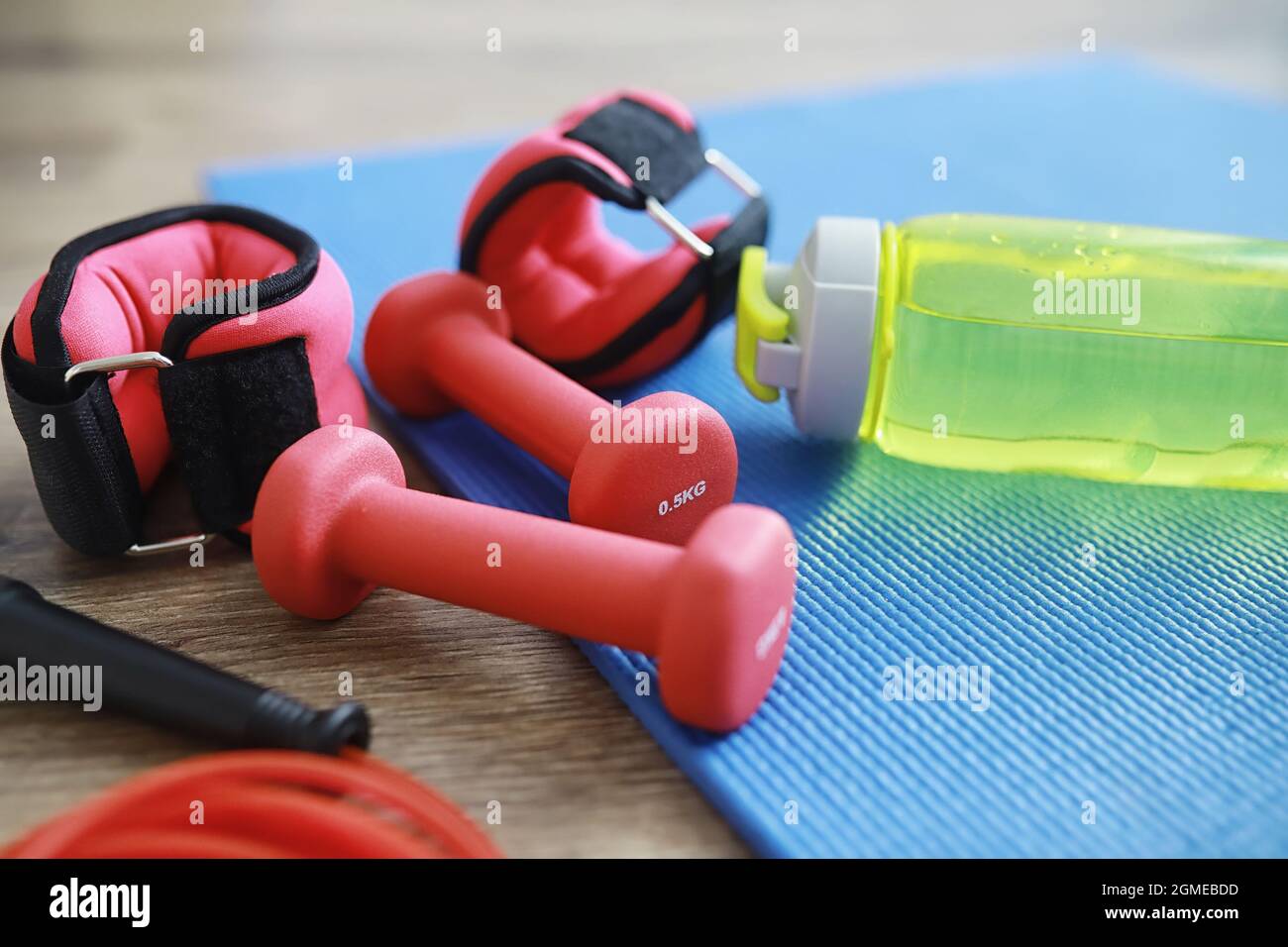 Sport and healthy lifestyle. Accessories for sports. Yoga mat dumbbell ...
