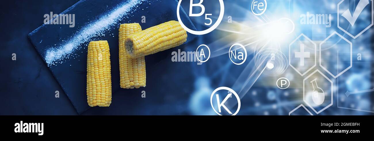 Freshly made fragrant ear of corn with salt. Farm snack fresh corn ...
