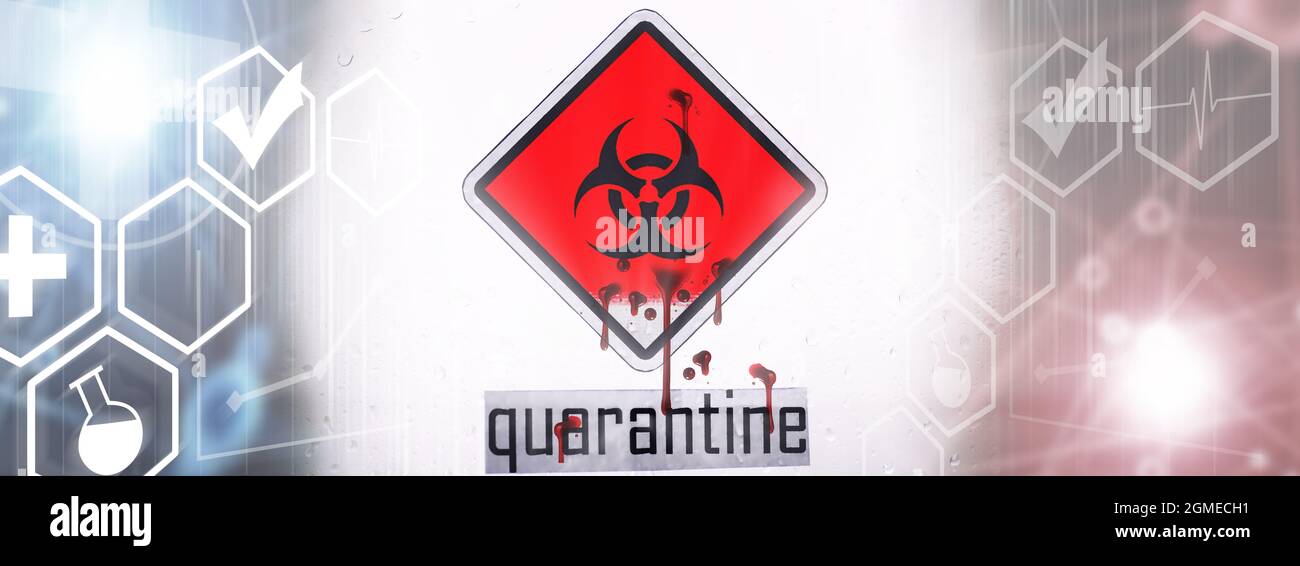 Quarantine. Quarantine warning sign on a glass door in hospital ...