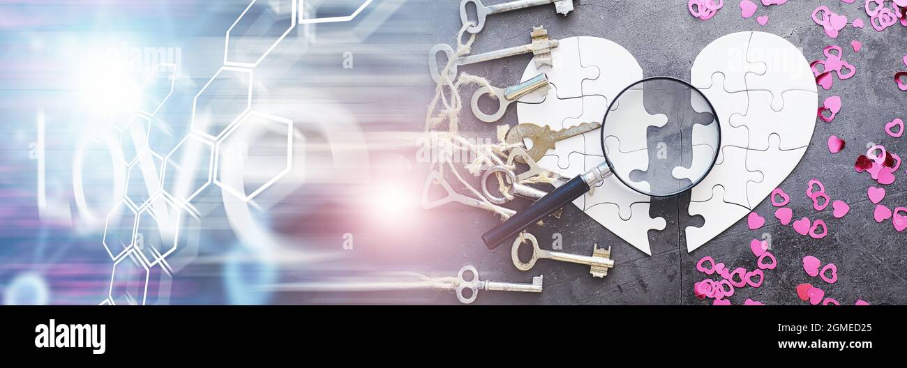 White heart-shaped puzzle. Heart affairs. Undivided love. Broken heart ...