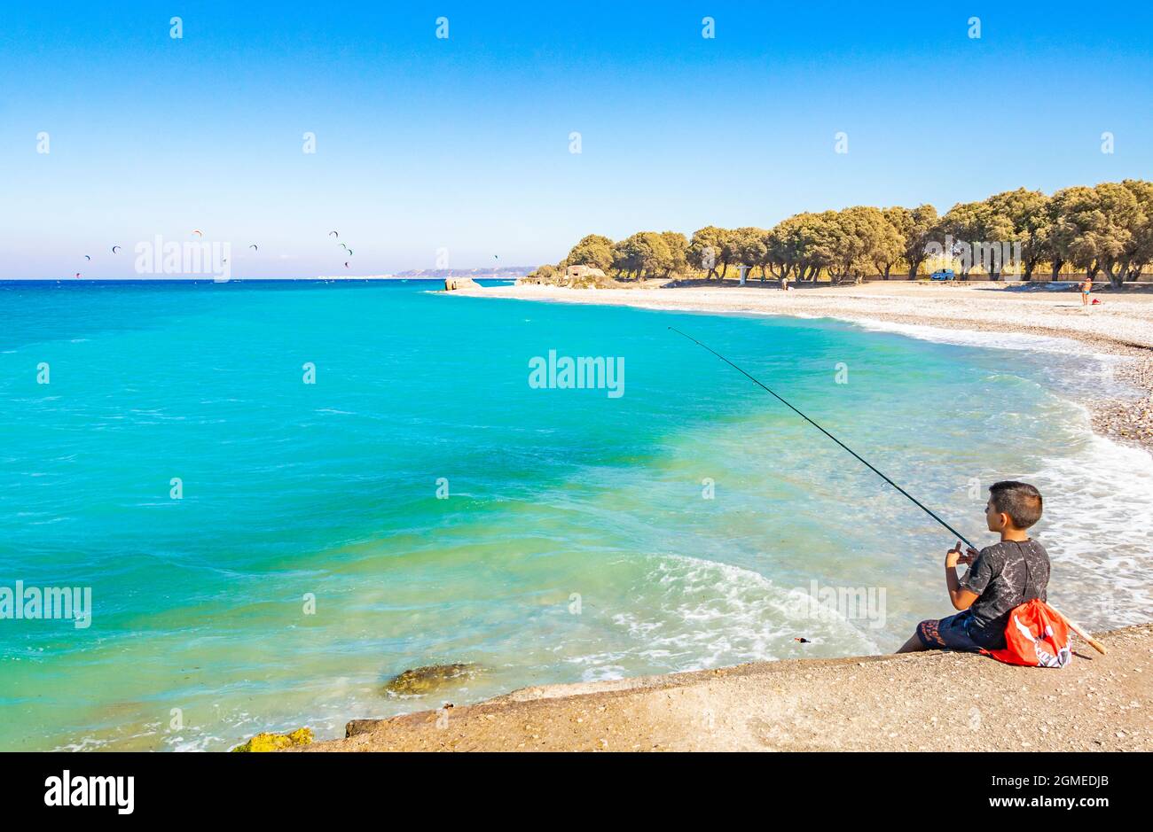 Rhodes Greece 25. September 2018 Fishing windsurfing and vacation in ...