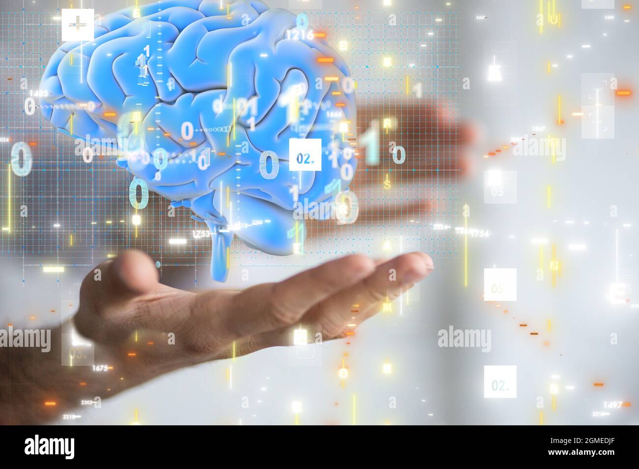 3D rendering of digital brain with binary codes on hand- Artificial ...
