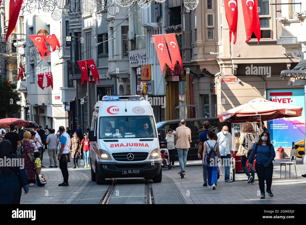 Istanbul, Turkey. September 18th 2021 A Turkish ambulance driving along ...