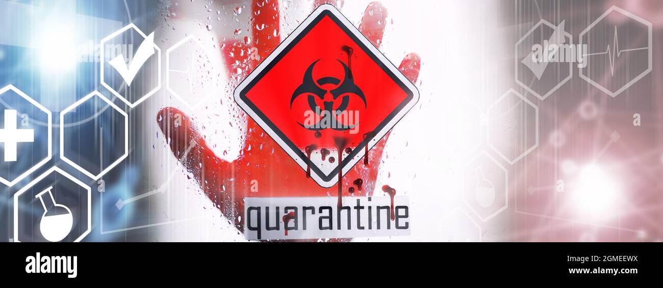 Quarantine. Quarantine warning sign on a glass door in hospital ...