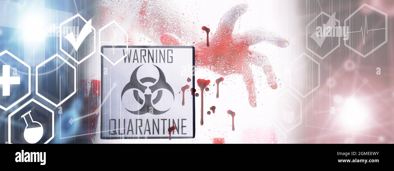 Quarantine. Quarantine warning sign on a glass door in hospital ...