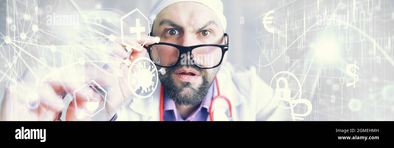 A cross-eyed bearded man is looking into the frame. Eye disease. The ...