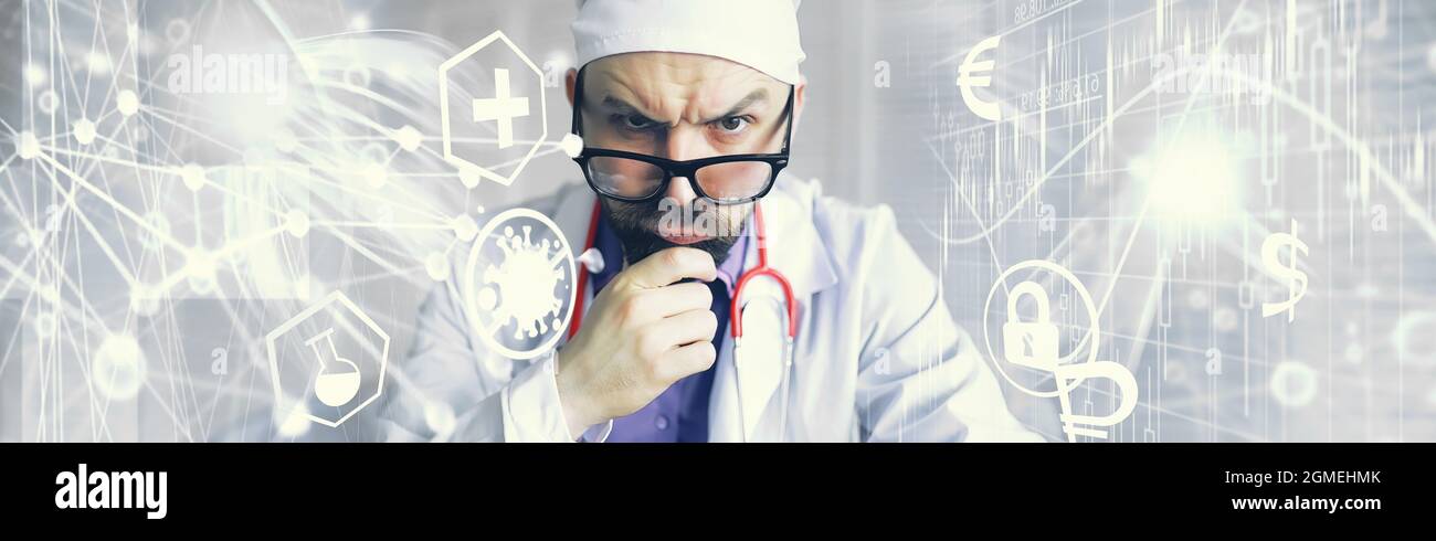 A cross-eyed bearded man is looking into the frame. Eye disease. The ...