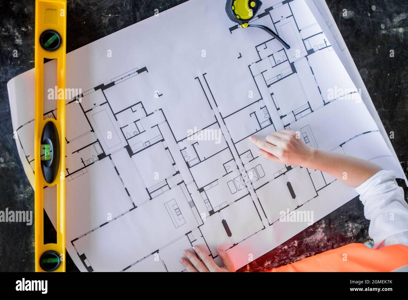Architect working over plan. Closeup Desk With blueprints drawing Stock ...