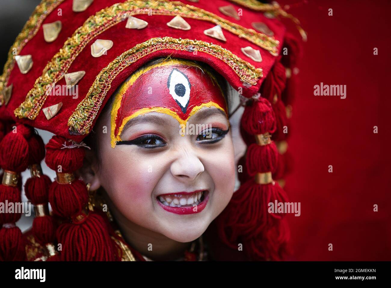 A young girl dressed as the Living Goddess Kumari takes part in the ...