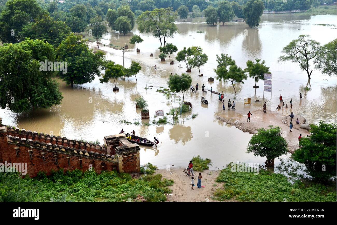 The rural village of Varanasi totally covered by heavy rain water and ...