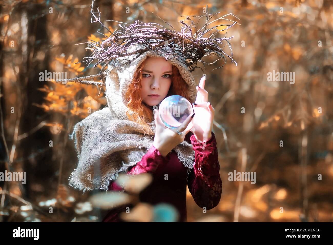 Fortune-teller conducts a ritual in the depths of the forest Stock ...