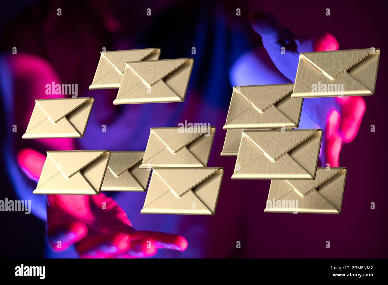 3D rendering of digital envelopes with hands on background- Electronic ...