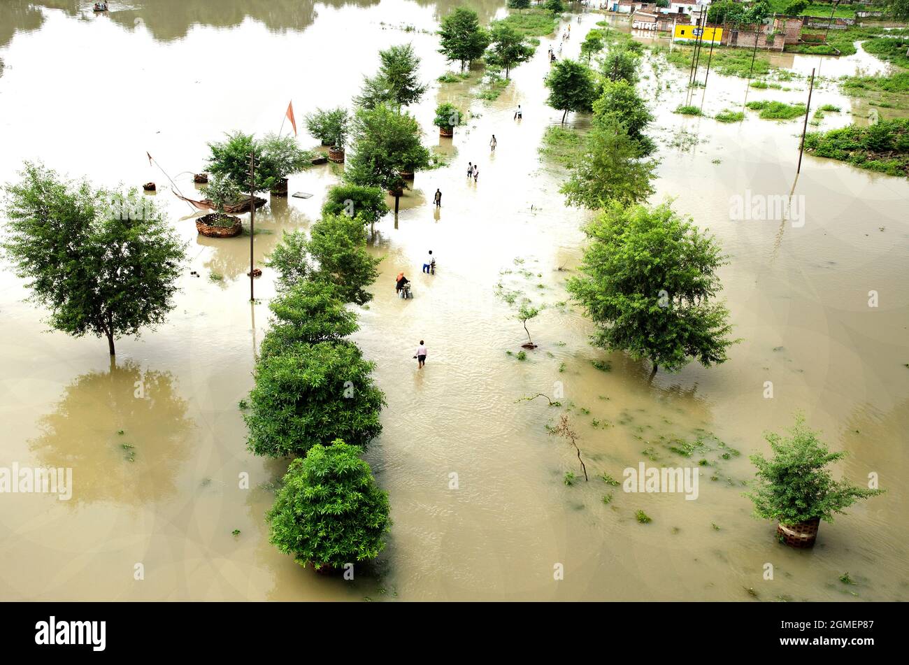 The rural village of Varanasi totally covered by heavy rain water and ...