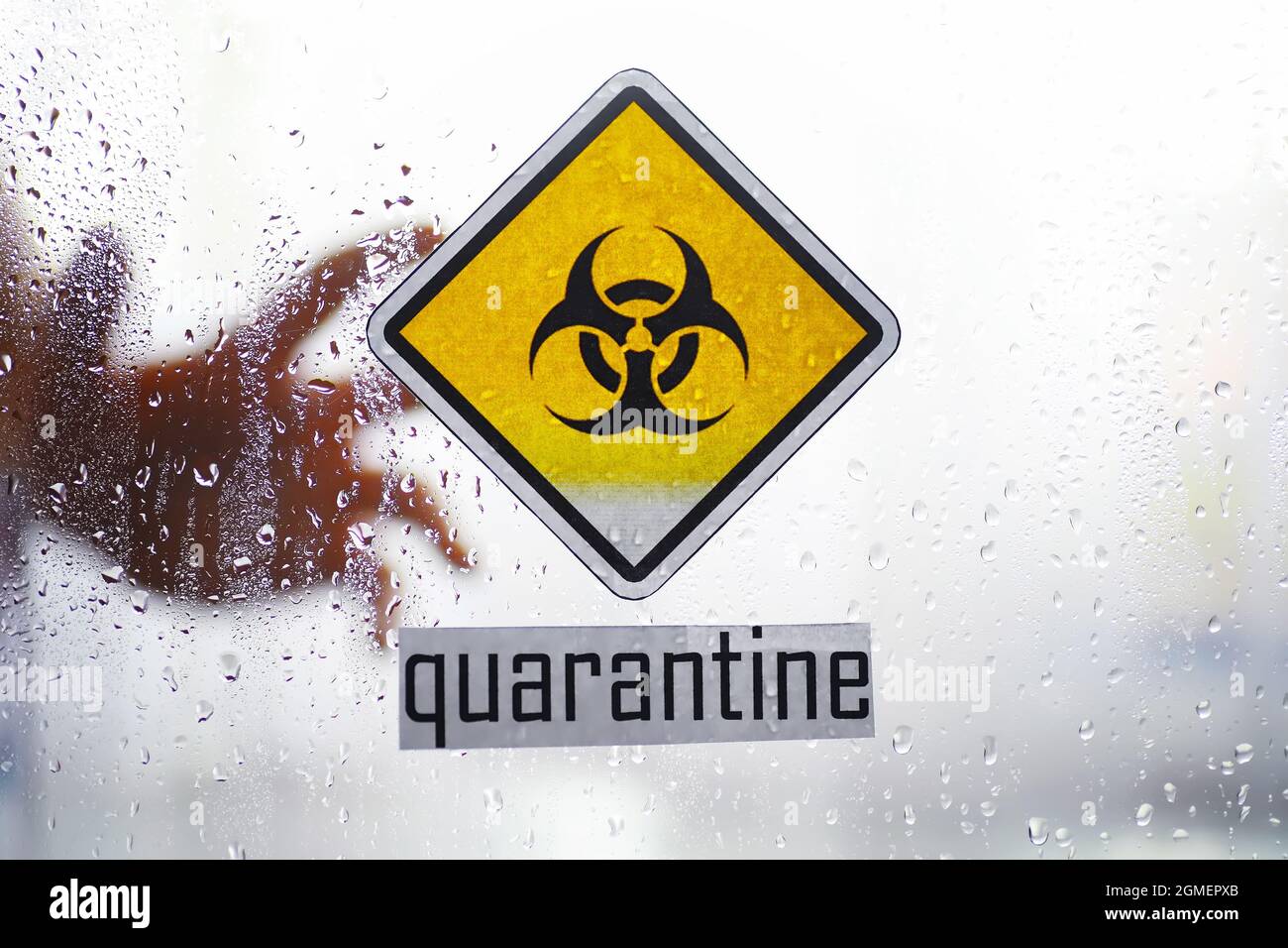 Quarantine. Quarantine warning sign on a glass door in hospital ...