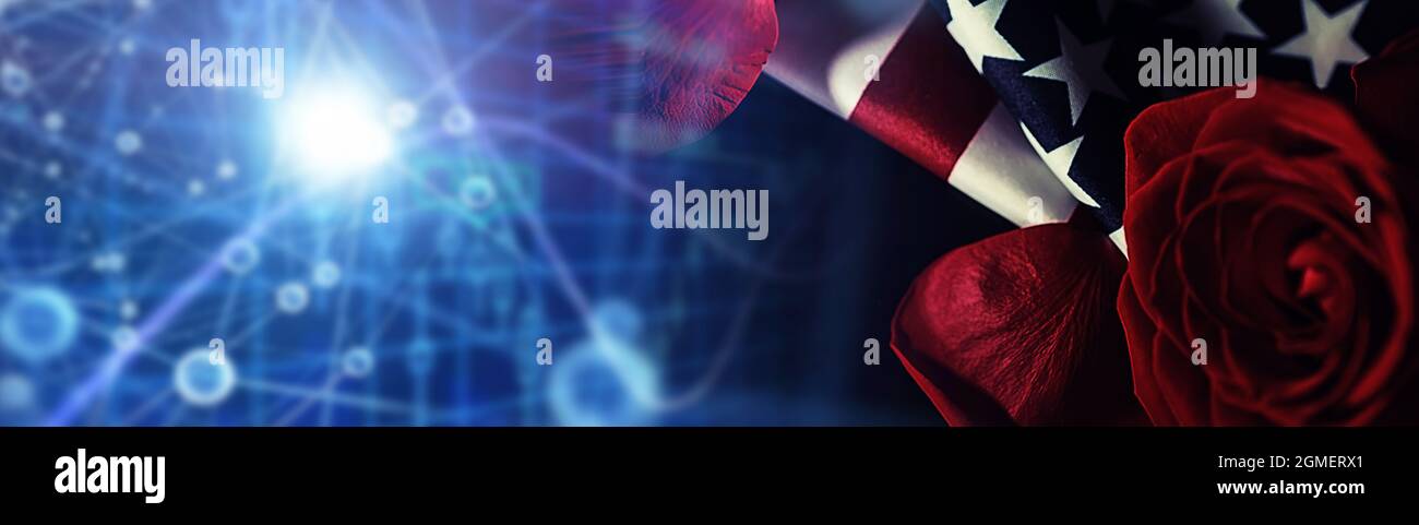 American flag and rose flower on table. Symbol of the United States of ...