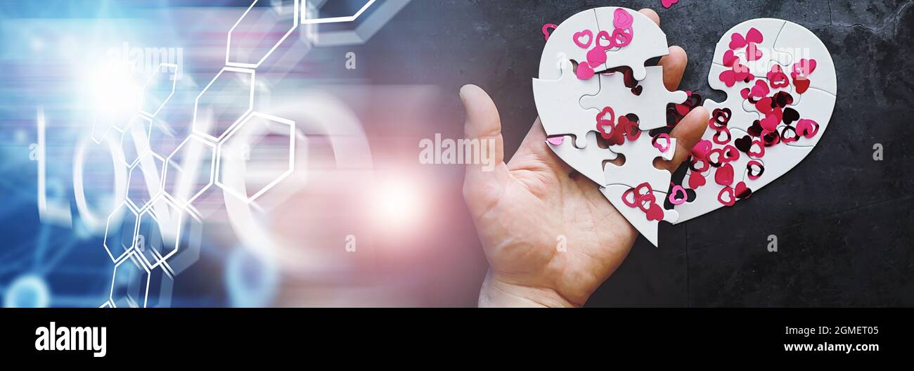 White heart-shaped puzzle. Heart affairs. Undivided love. Broken heart ...