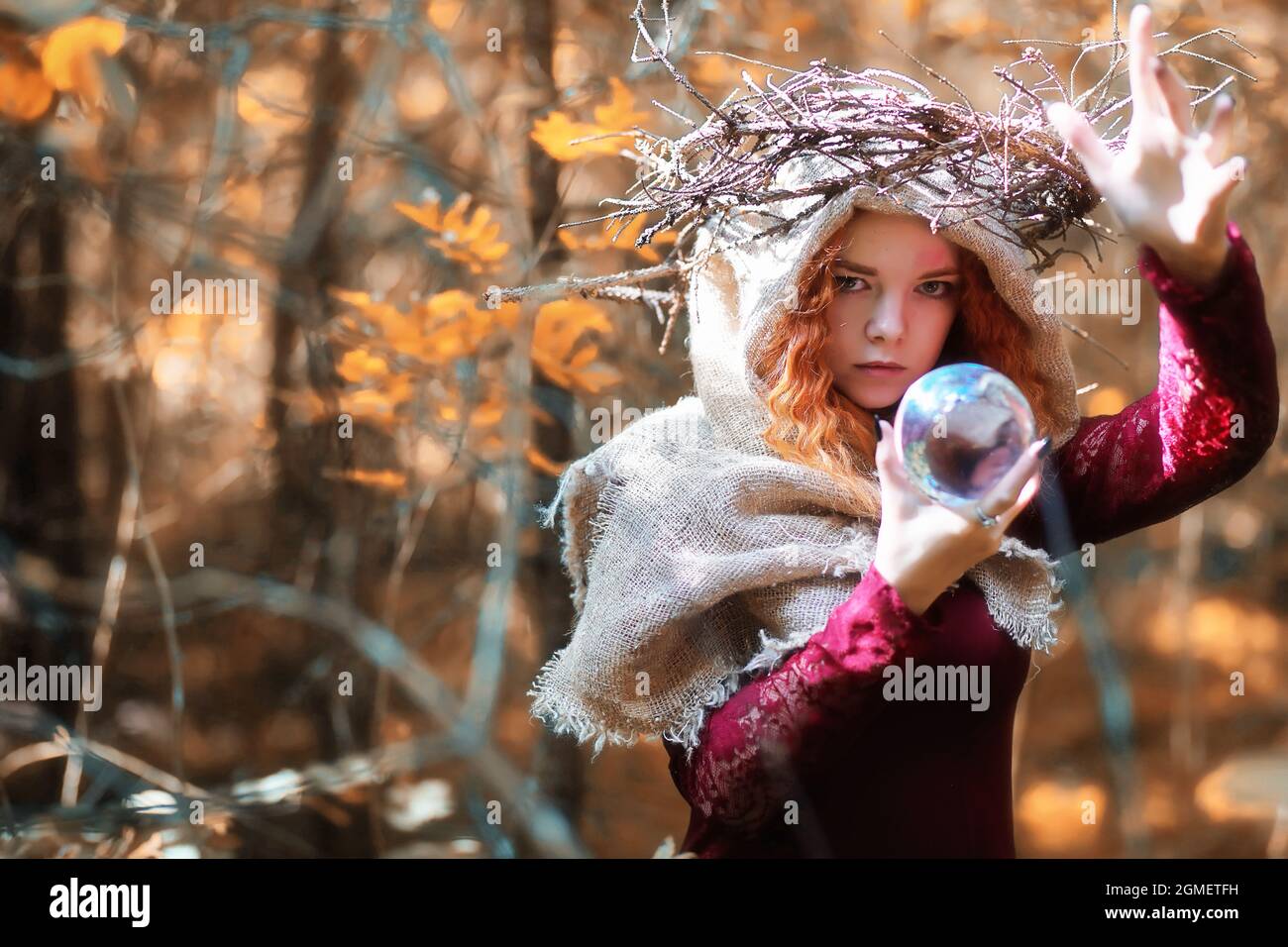 Fortune-teller conducts a ritual in the depths of the forest Stock ...