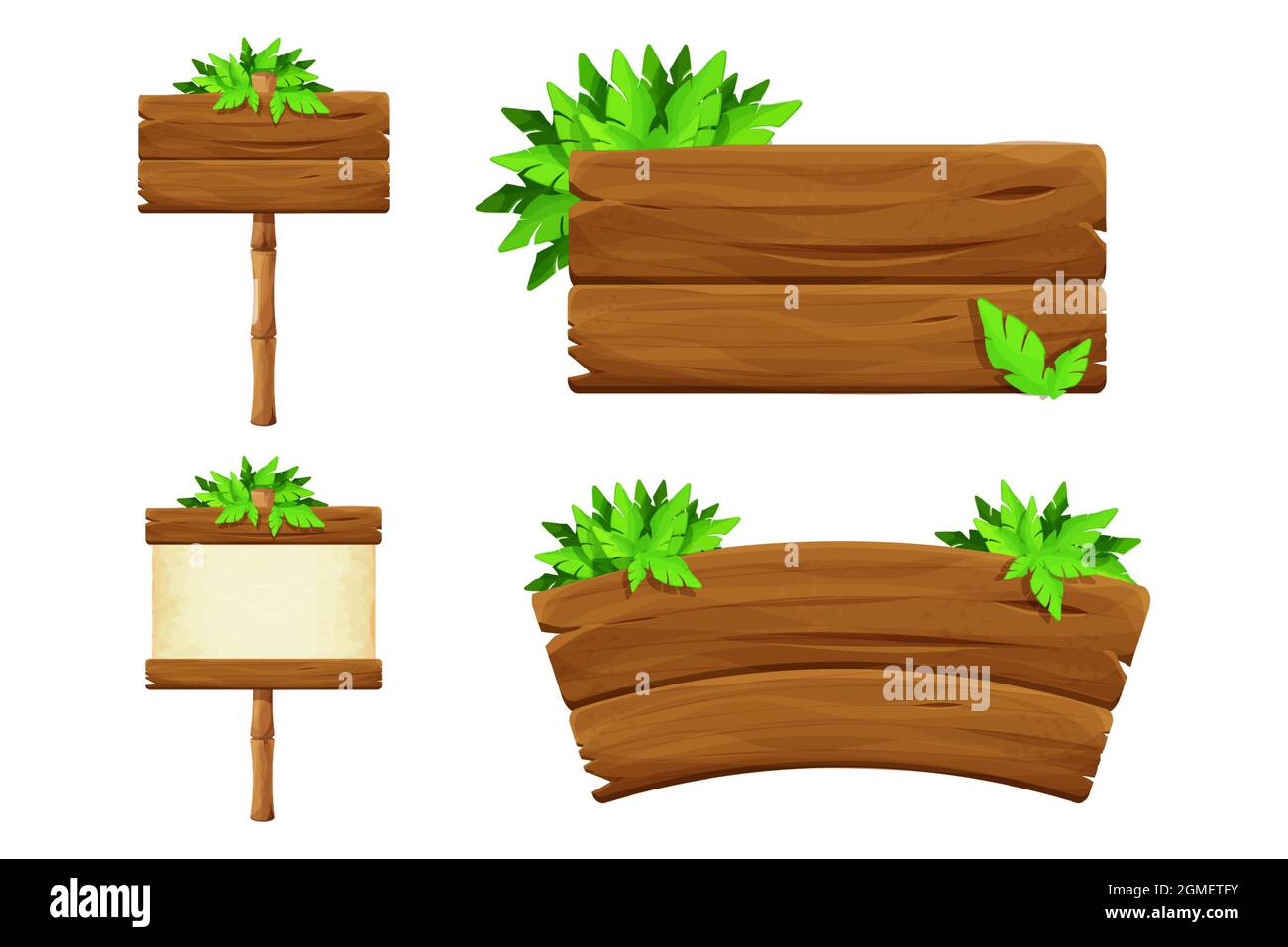 Set wooden signboard with tropical leaves in cartoon style, empty ...