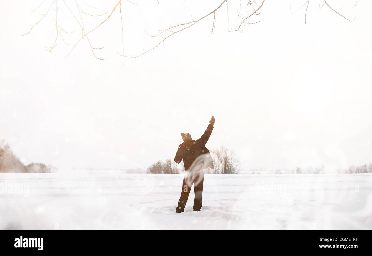 A man on a walk. Winter landscape. Tourist in the winter journey Stock ...