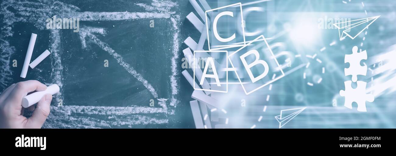 Chalkboard. Crayons for writing on blackboard. Learning concept. School ...