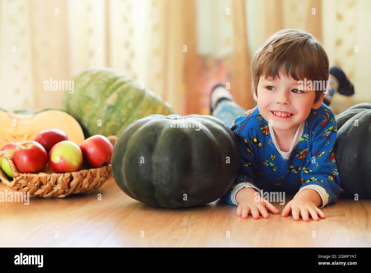 Little child choose a pumpkin autumn. Child sitting on giant pumpkin ...