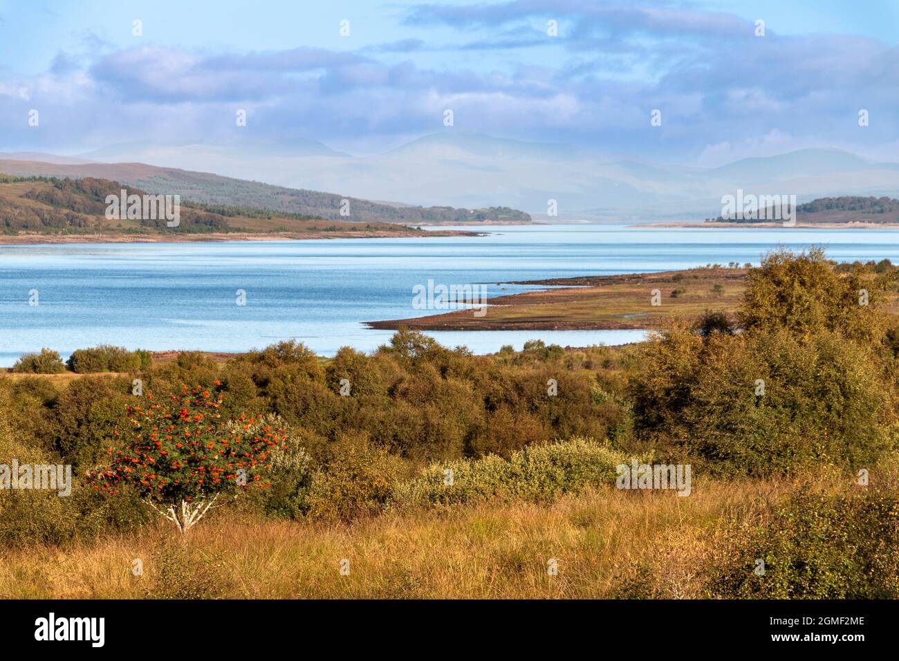 LOCH SHIN SUTHERLAND SCOTLAND IN LATE SUMMER LOOKING TOWARDS MOUNTAIN ...