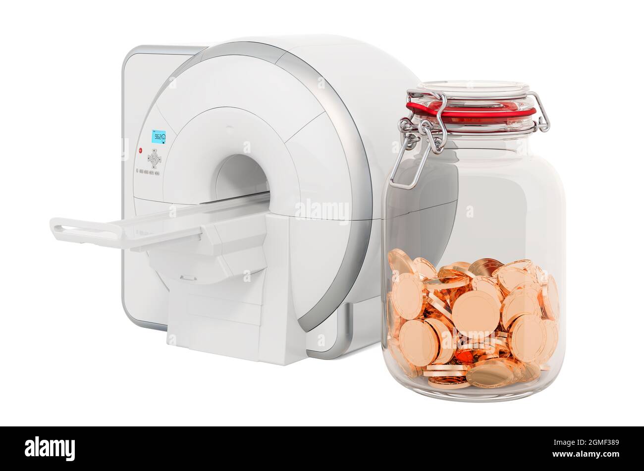 MRI with glass jar full of golden coins, 3D rendering isolated on white ...