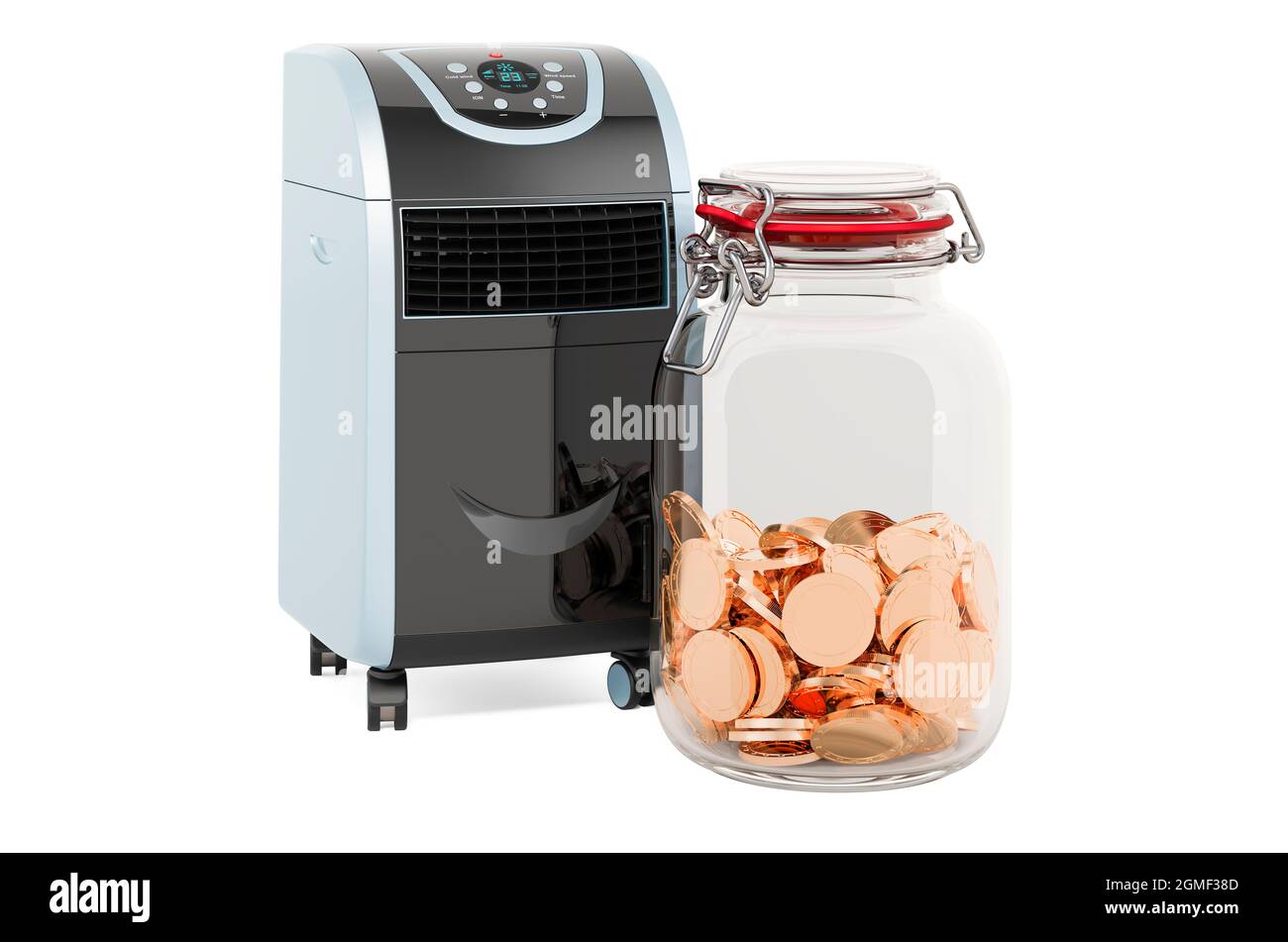 Portable air conditioner with glass jar full of golden coins, 3D ...