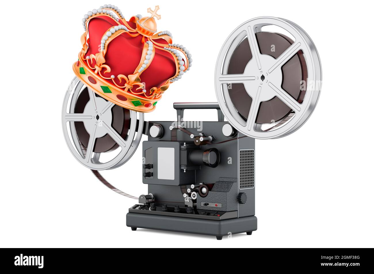 Film projector with golden crown, 3D rendering isolated on white ...