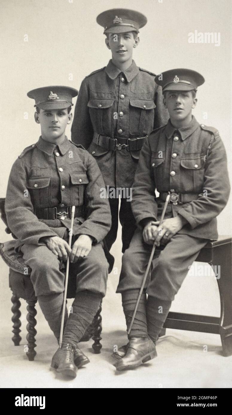 A portrait of three First World War British soldiers, Privates. The ...