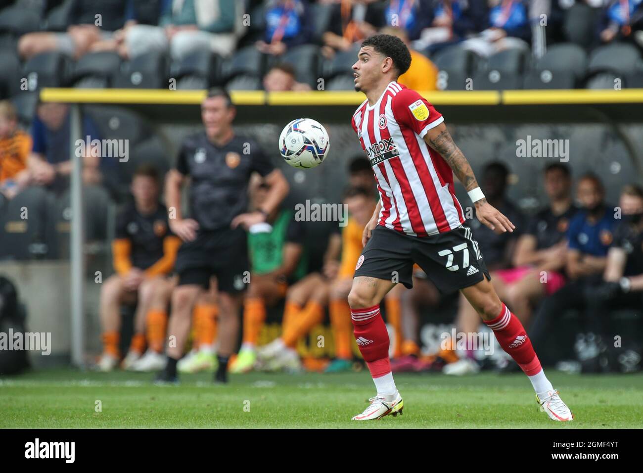 Morgan Gibbs-White #27 of Sheffield United controls the ball in, on 9 ...