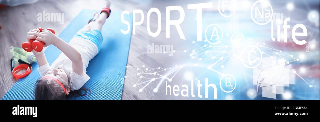 Sport and healthy lifestyle.Child playing sports at home. Yoga mat ...