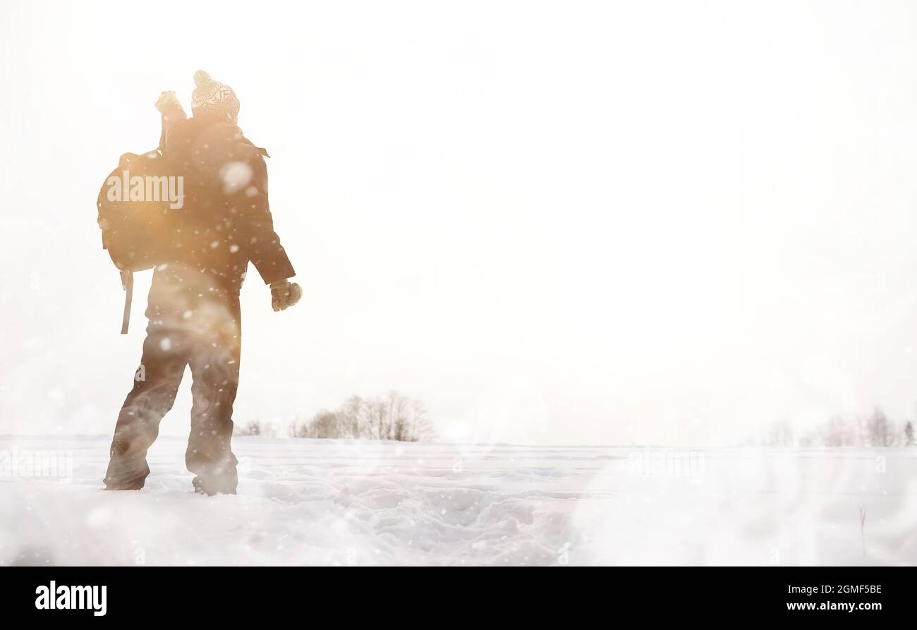 A man on a walk. Winter landscape. Tourist in the winter journey Stock ...