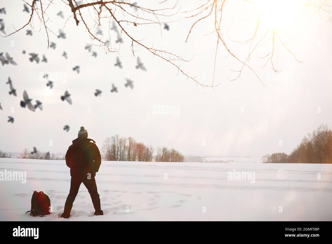 A man on a walk. Winter landscape. Tourist in the winter journey Stock ...