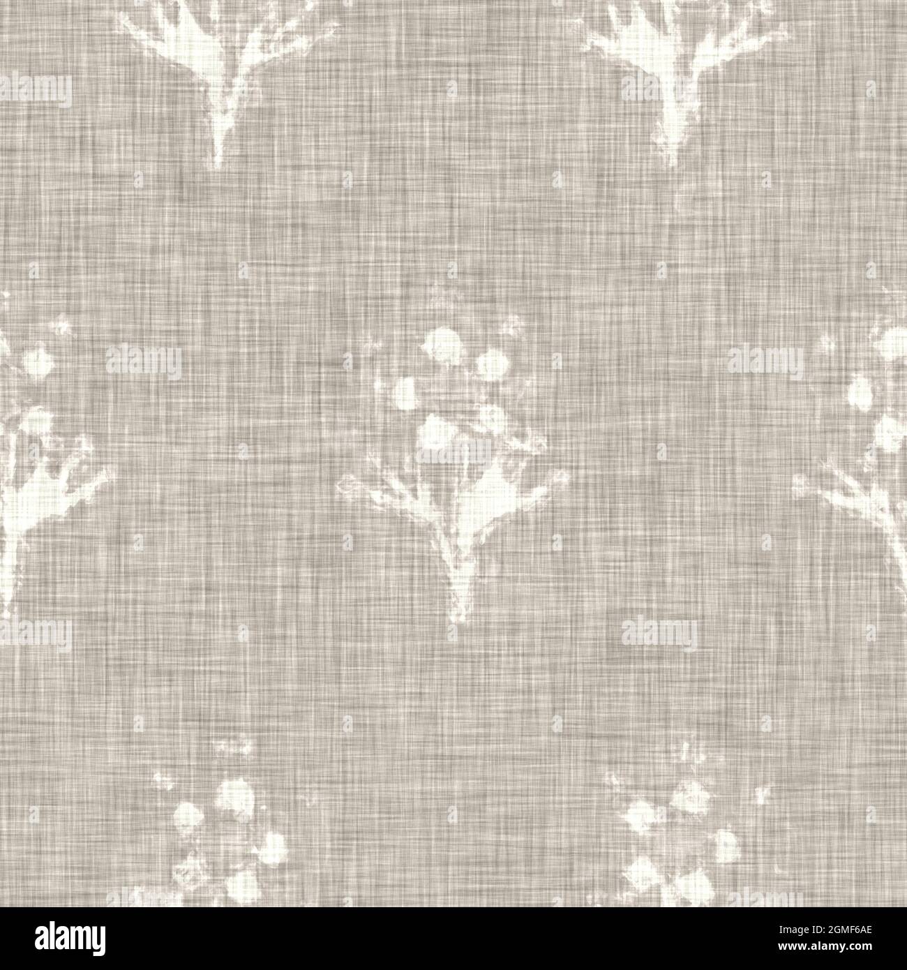 Hand drawn grey flower motif linen texture. Whimsical garden seamless ...