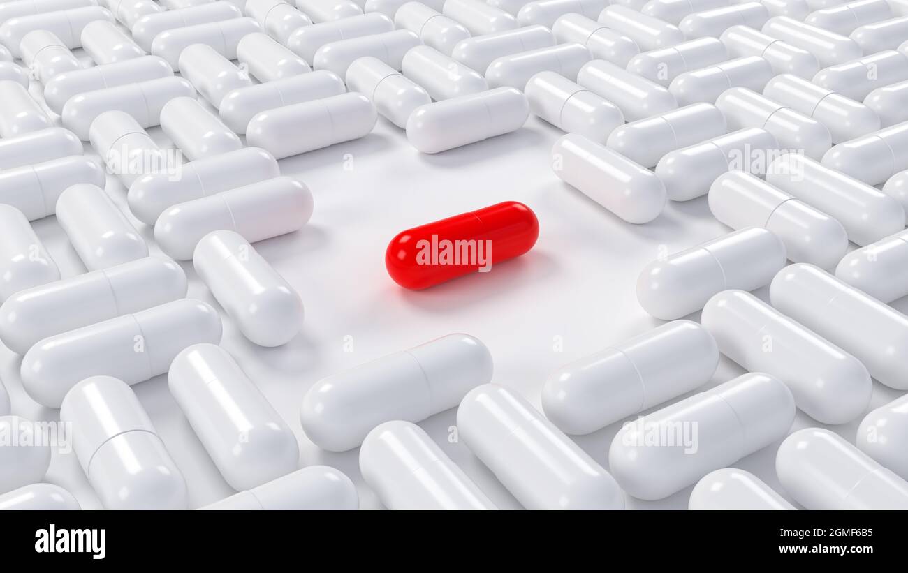 Red pill among whites. 3d rendering Stock Photo - Alamy