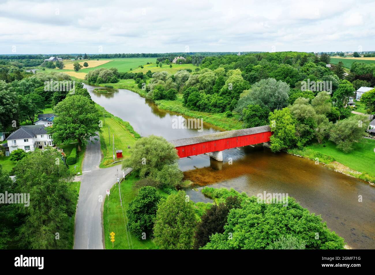 An aerial of Montrose Covered Bridge, Ontario, Canada Stock Photo - Alamy
