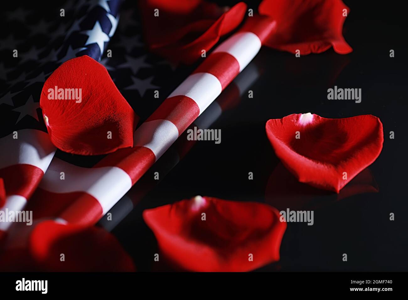 American flag and rose flower on table. Symbol of the United States of ...