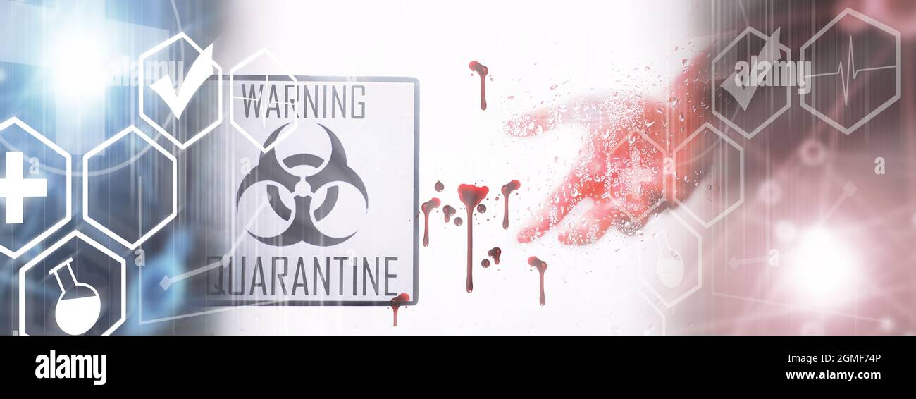 Quarantine. Quarantine warning sign on a glass door in hospital ...