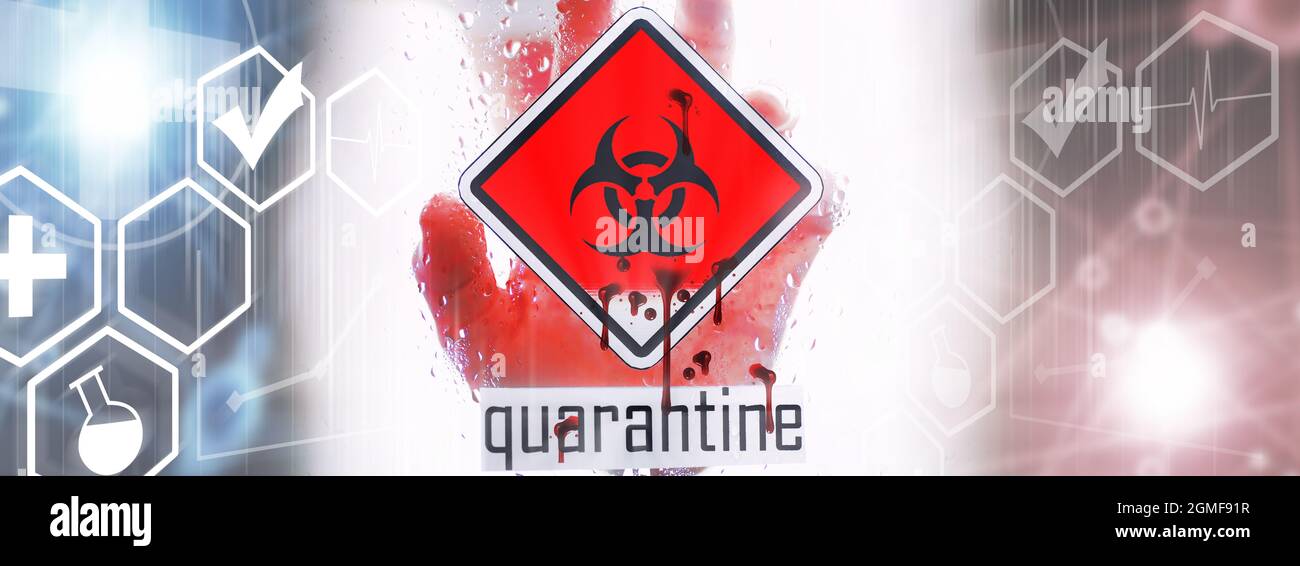 Quarantine. Quarantine warning sign on a glass door in hospital ...