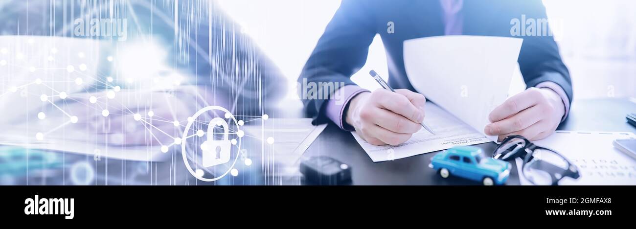 The insurance agent signs a document. Car insurance policy. Auto ...