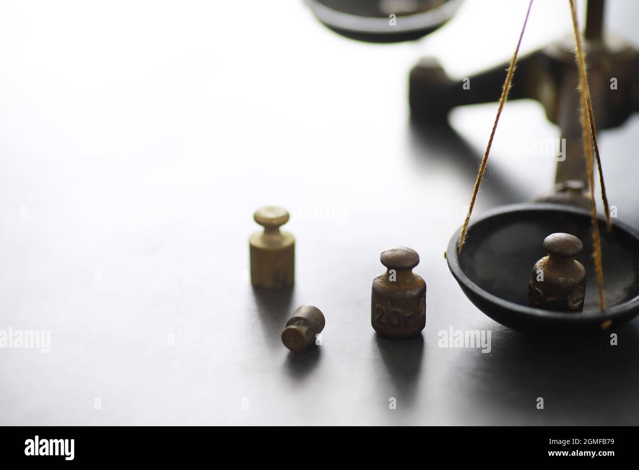 Tiny weights vintage balance scales. Detail of Ancient old scale ...