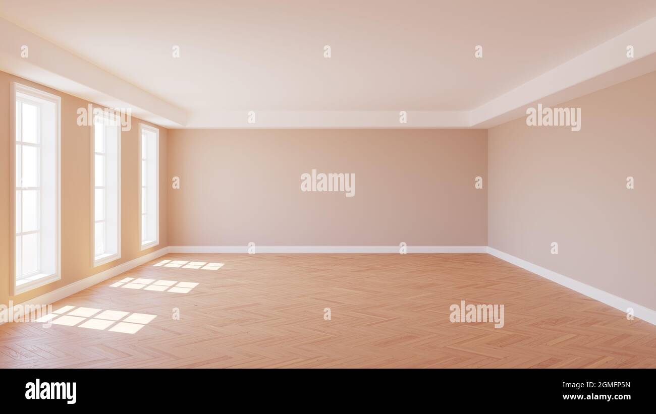 Beautiful Empty Sunlit Interior with Parquet Floor, Three Large Plastic ...