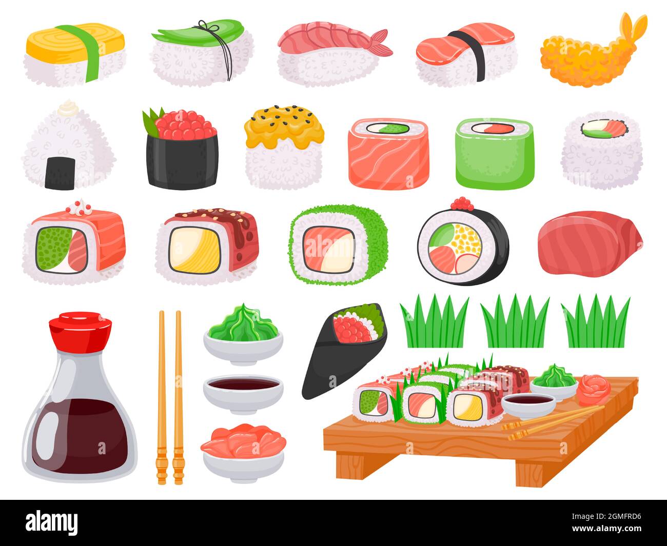 Japanese food sushi, onigiri, salmon sashimi and sauces. Cartoon shrimp ...