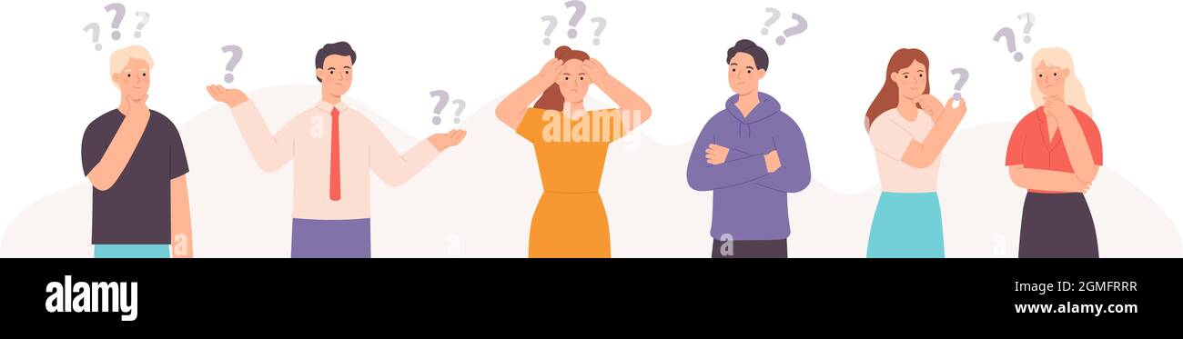 Group of thinking, indecisive and confused flat people with questions ...